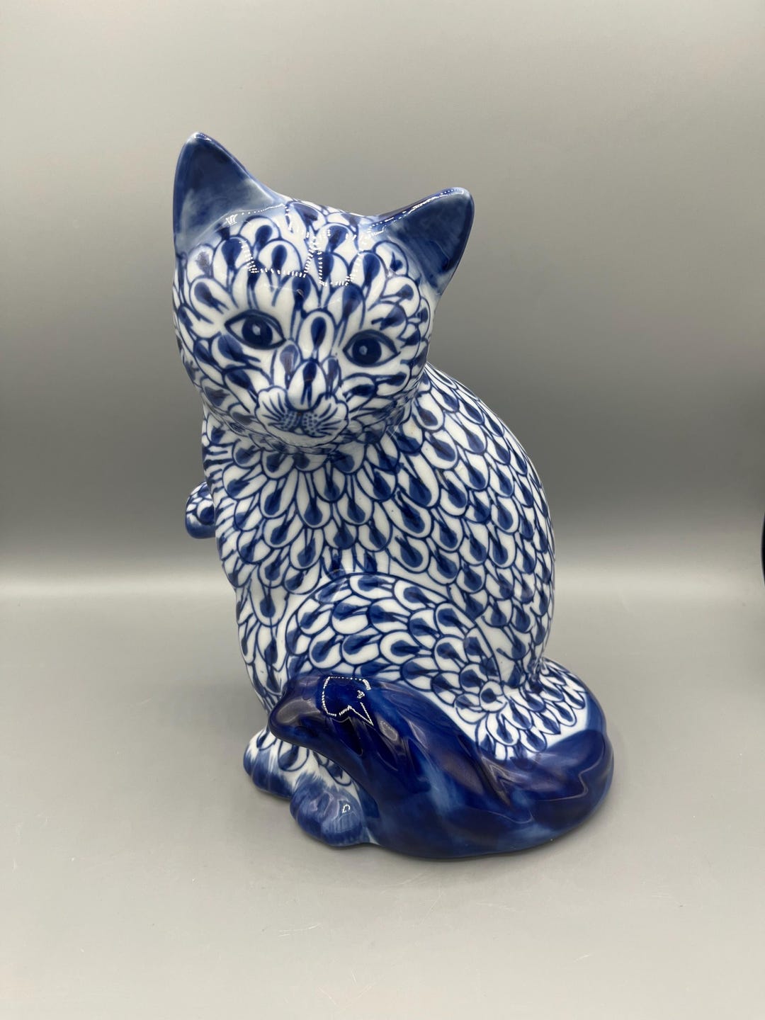 Blue and White Fishnet Design Ceramic Cat Figurine 10” Tall, Hand ...