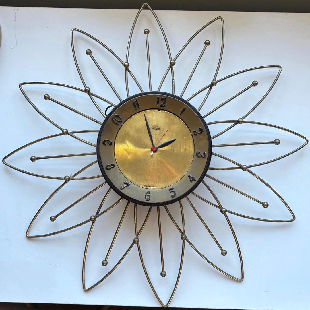Lux Mid Century Atomic Wall Clock | Starburst Design | Brass & Black ...