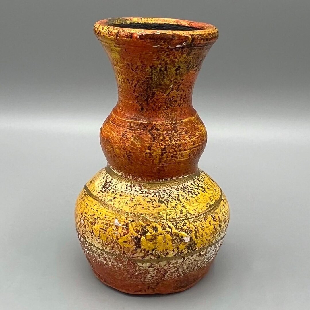 Mid Century 70s Boho Glazed Pottery Vase, Hand Painted Muted Orange and ...