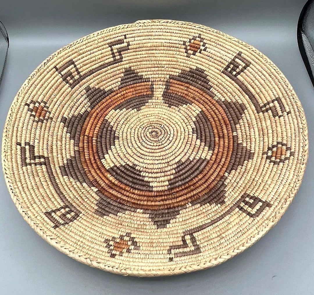 Vintage Native American Style Coiled Basket With Geometric and Sunburst ...
