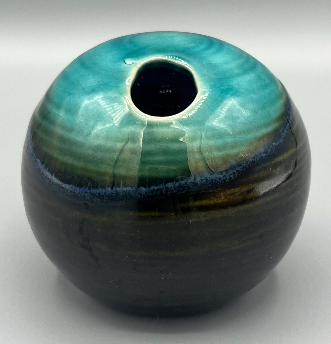Orb Turquoise Glazed Studio Pottery Offset Bud Vase - Etsy