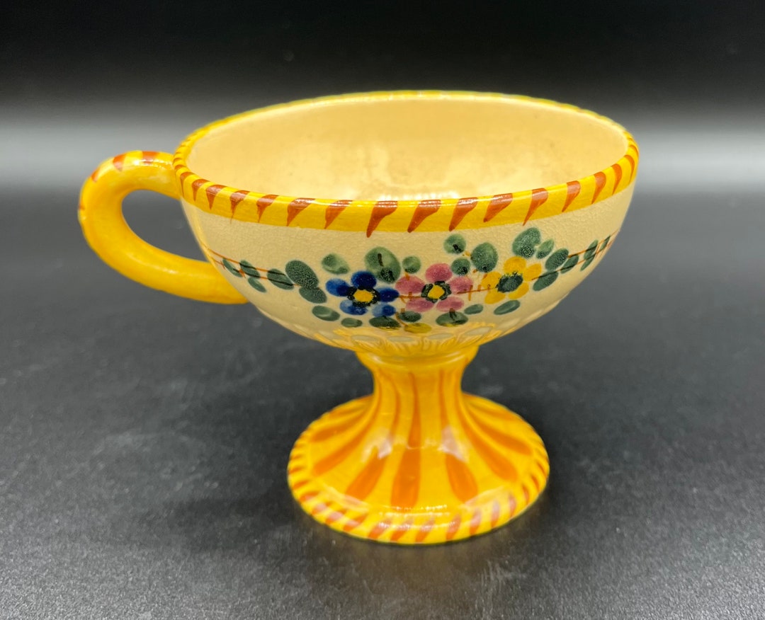 Set of 3 Yellow Floral Italian Style Tea Cups, Footed Pottery Cups ...