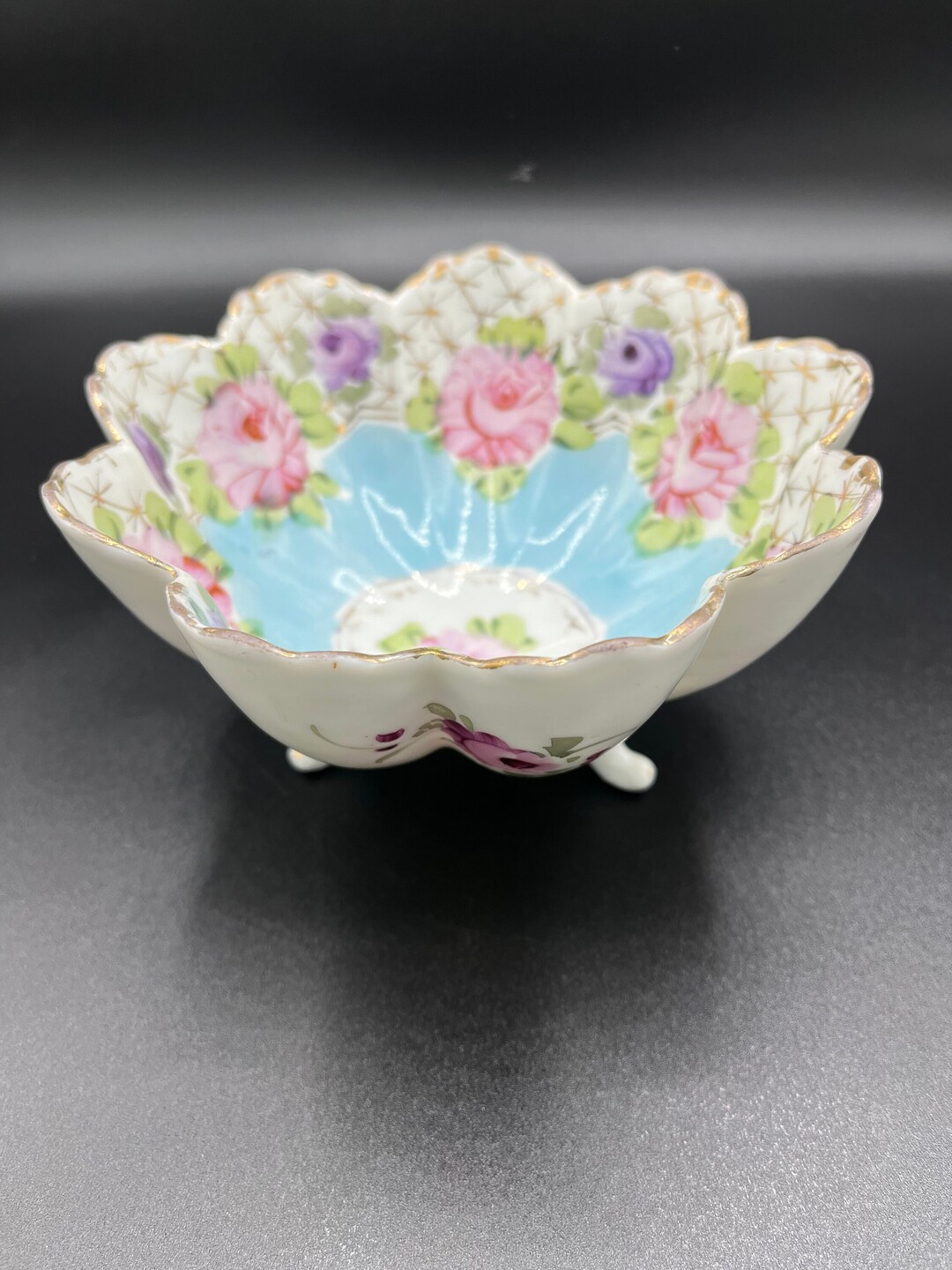 Footed Porcelain Floral Dish, Light Blue China Bowl With Flowers ...
