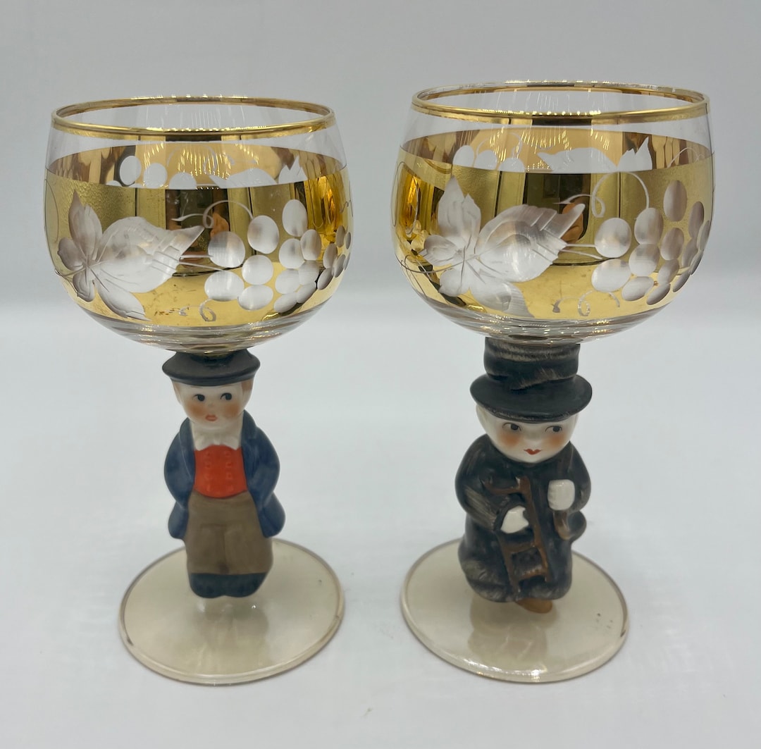 Pair of Goebel Hummel Figurine Wine Glasses German Boys Gold Trim West ...