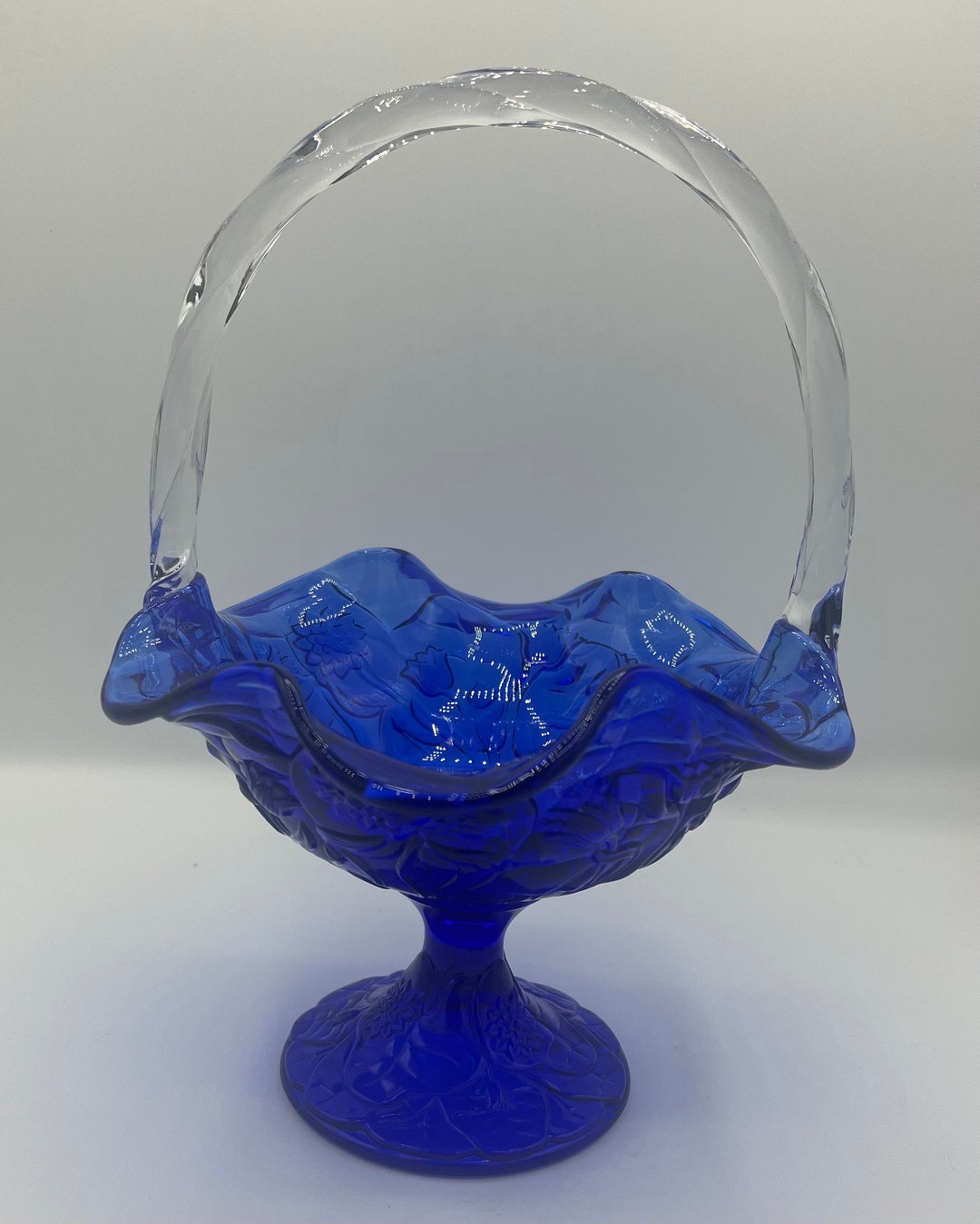 Cobalt Blue Fenton Glass Basket With Clear Twisted Handle and Ruffle ...
