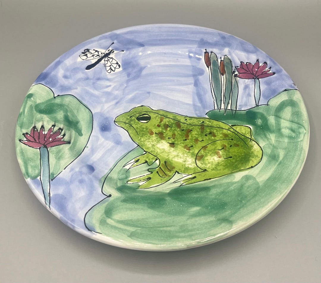 Frog Lily Pad Glazed Redware Pottery Plate Vintage Painted Dragonflies ...