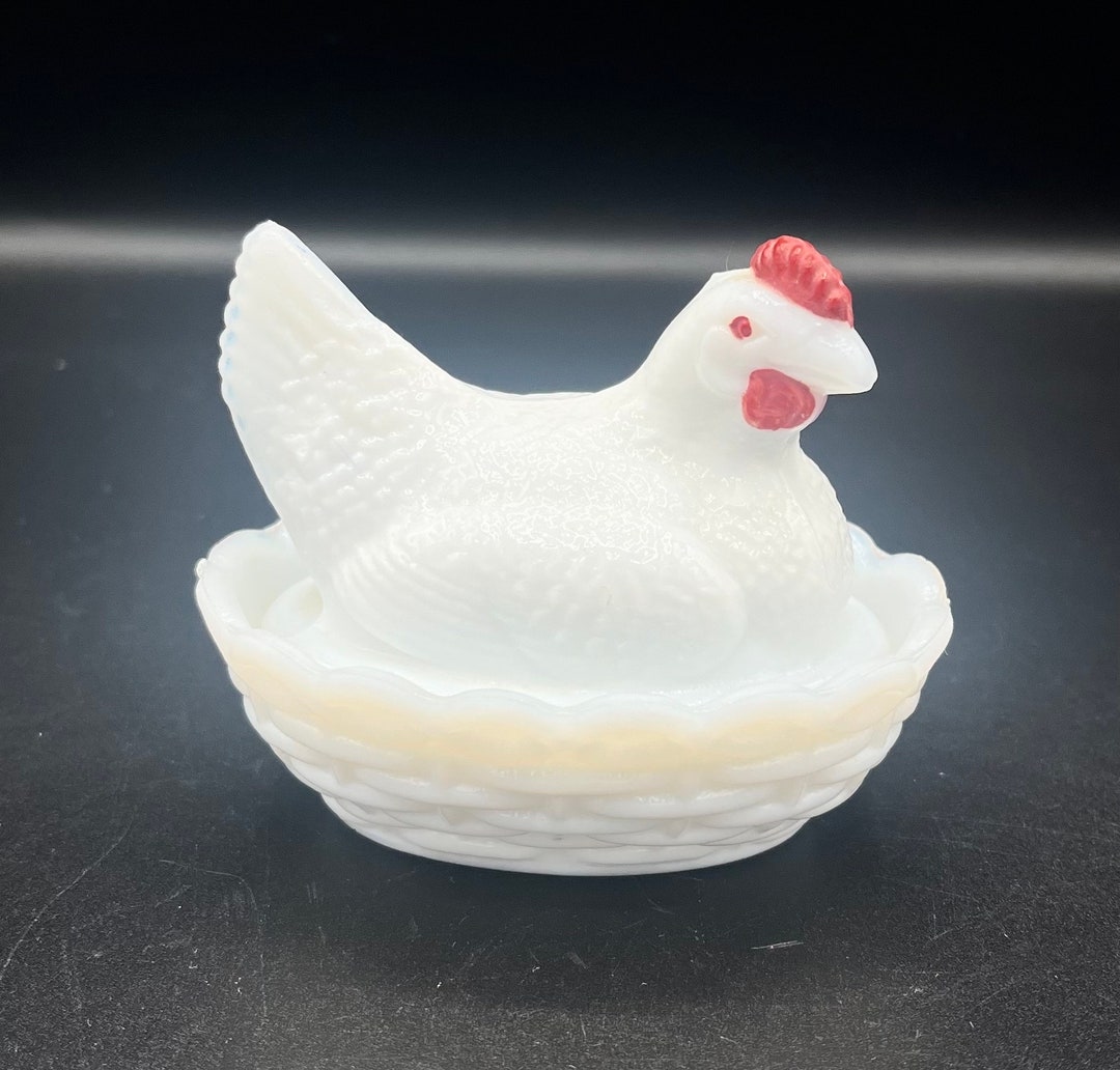 Mini Milk Glass Hen on Basket Dish With Lid, Vintage Trinket Dish - Etsy