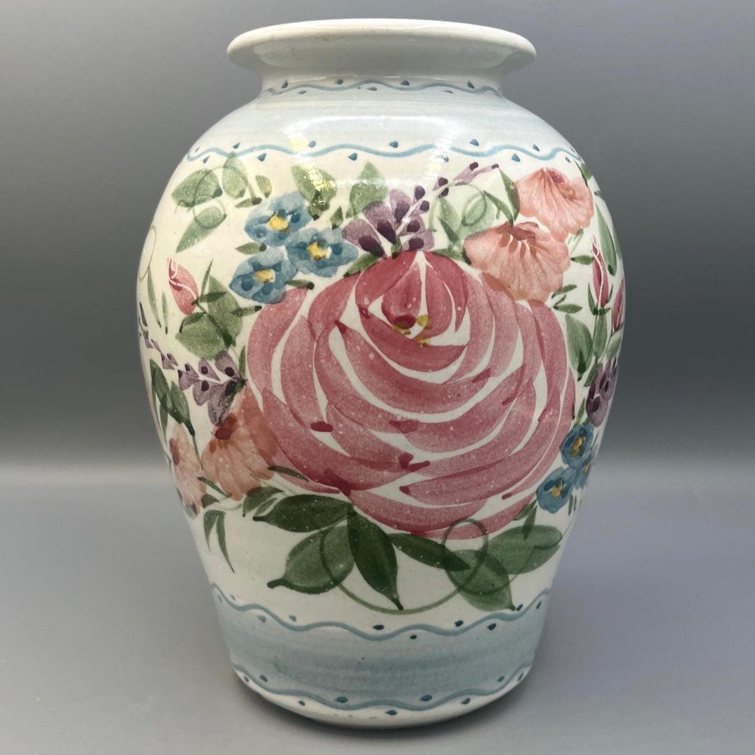 Cream Floral Studio Pottery Vase With Hand Painted Flower Design ...