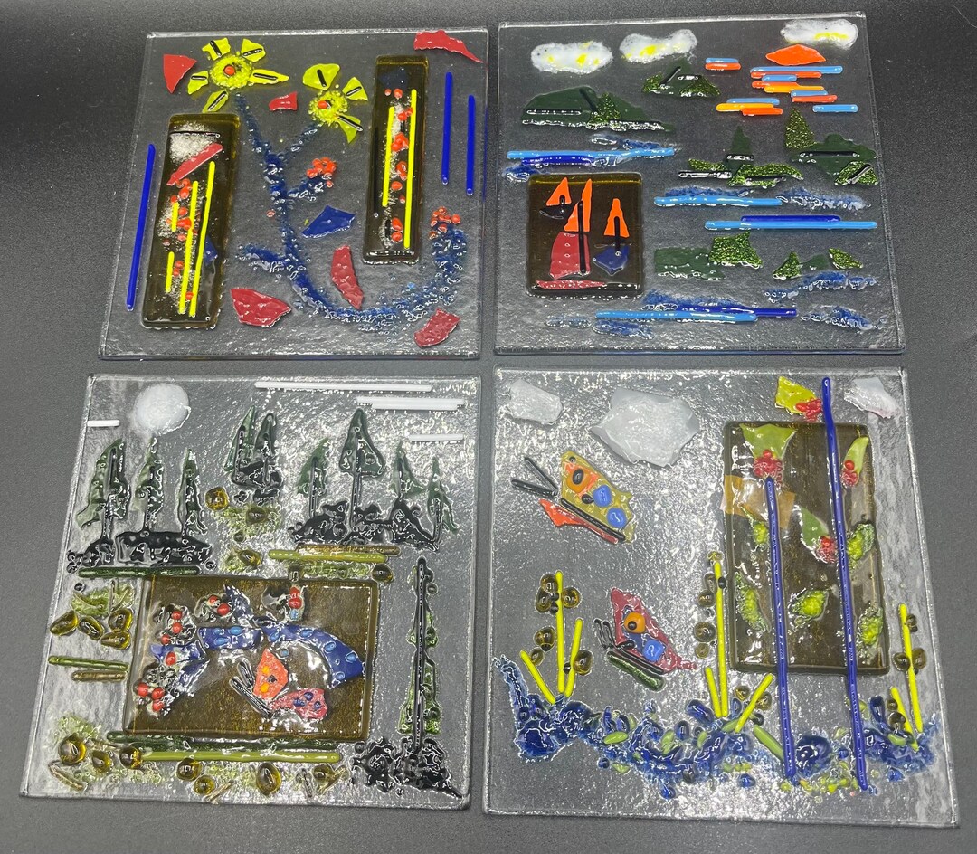 Set of 4 Fused Art Glass Tiles Nature Designs - Etsy