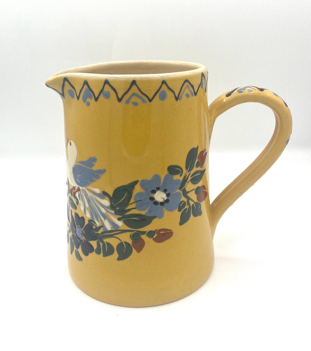 Yellow Handpainted Soufflenheim Pottery Pitcher With Florals and Birds ...