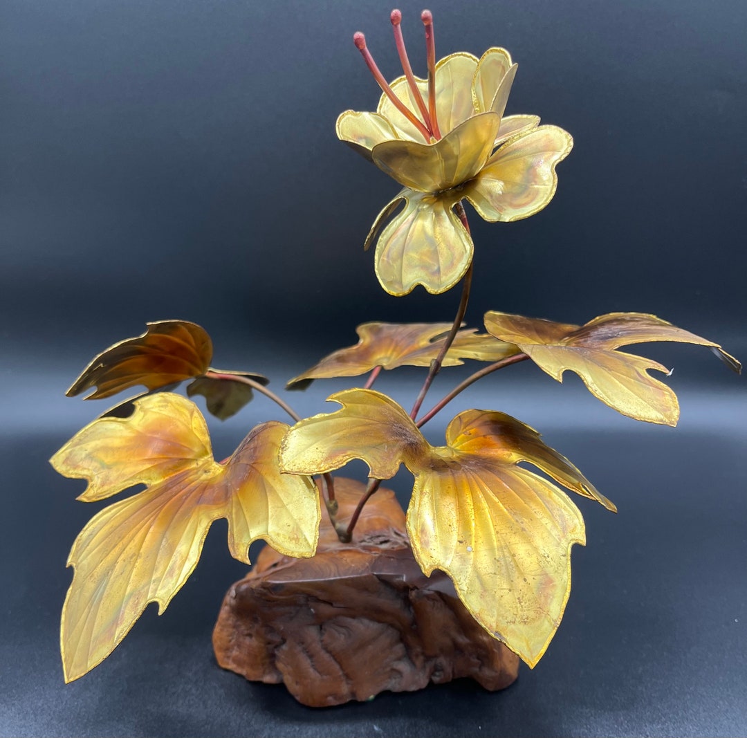 Mid Century Gold Metal Flower Sculpture With Wood Base - Etsy