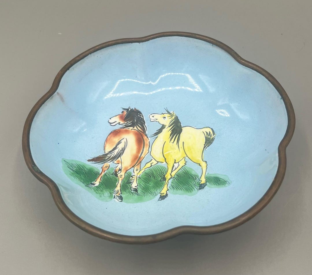 Horse Design Enamel Over Copper Bowl, Scalloped Edge Dish 5”, Vintage ...