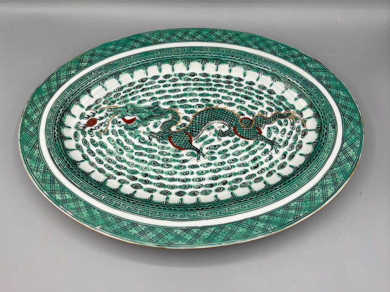 Vintage Japanese Porcelain Oval Dragon Platter Mid Century Serving ...