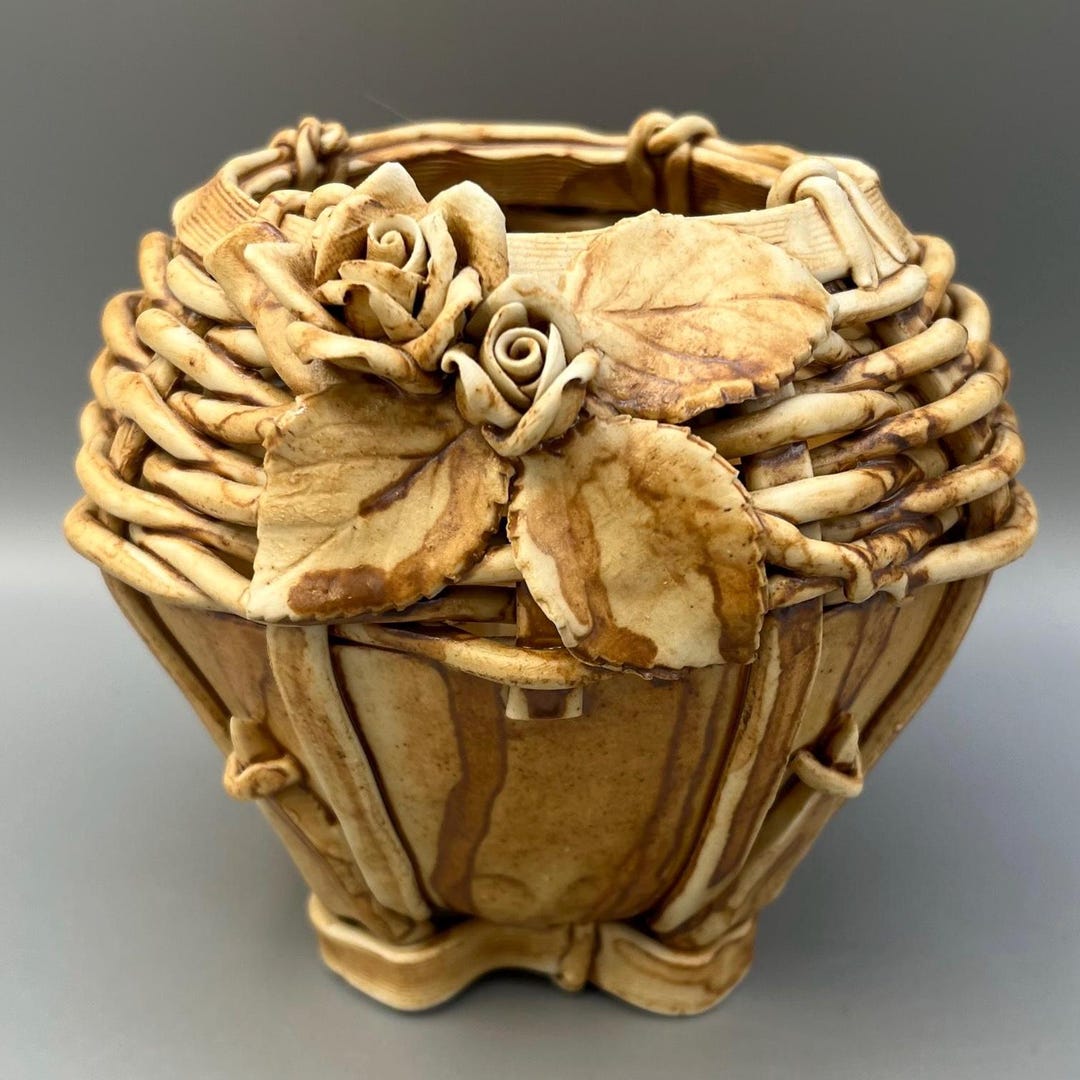Handmade Clay Basket Vase With Floral Detail, Woven Wicker Look Home ...