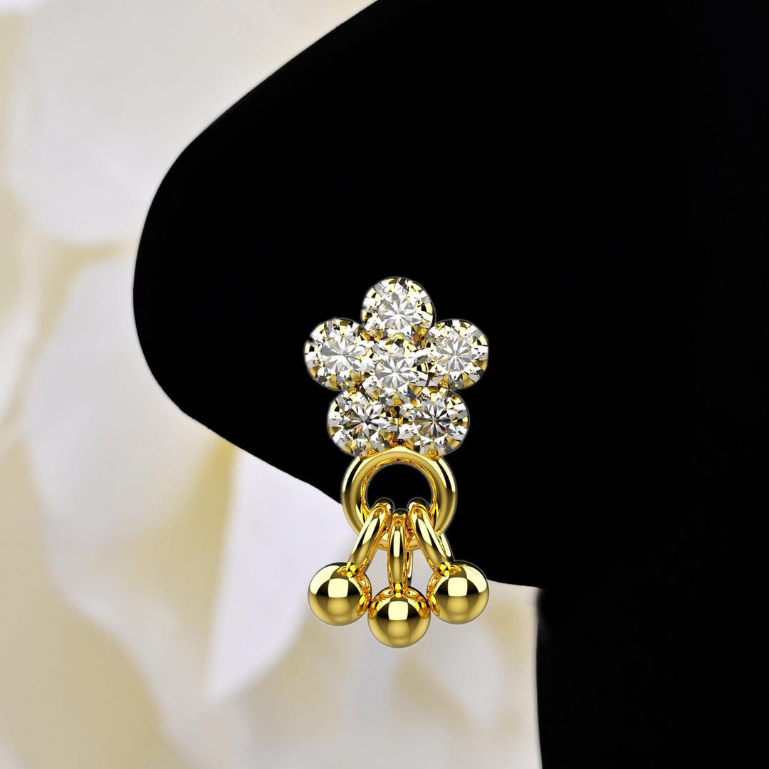 22k Gold Flower Nose Ring • Diamond Nose Ring • Dangle Nose Ring Hoop ...