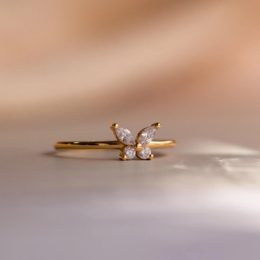 Dainty Crystal Butterfly Ring: 18k Gold Plated Sterling Silver Promise ...