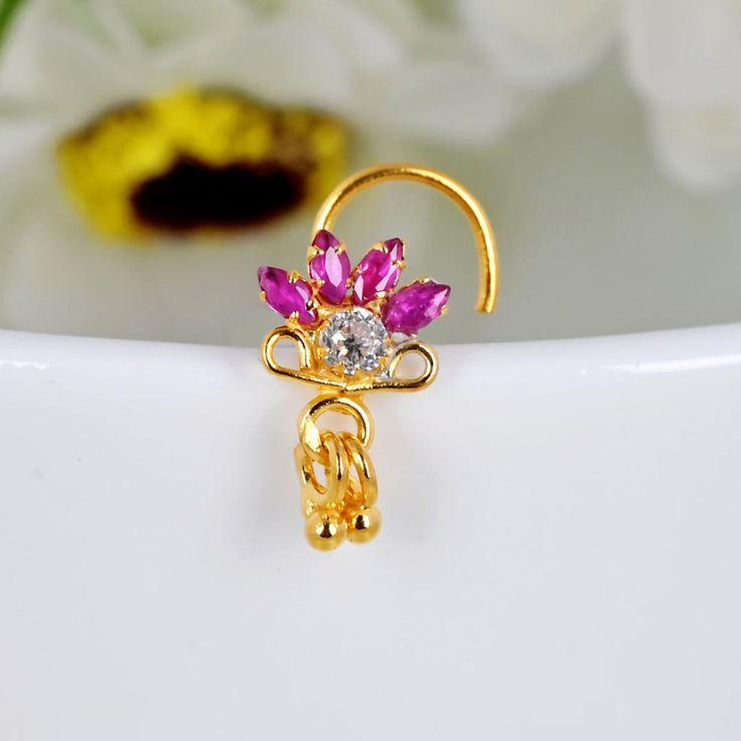 18k Gold Flower Nose Ring • Diamond Nose Stud • Dangle Nose Ring Hoop ...