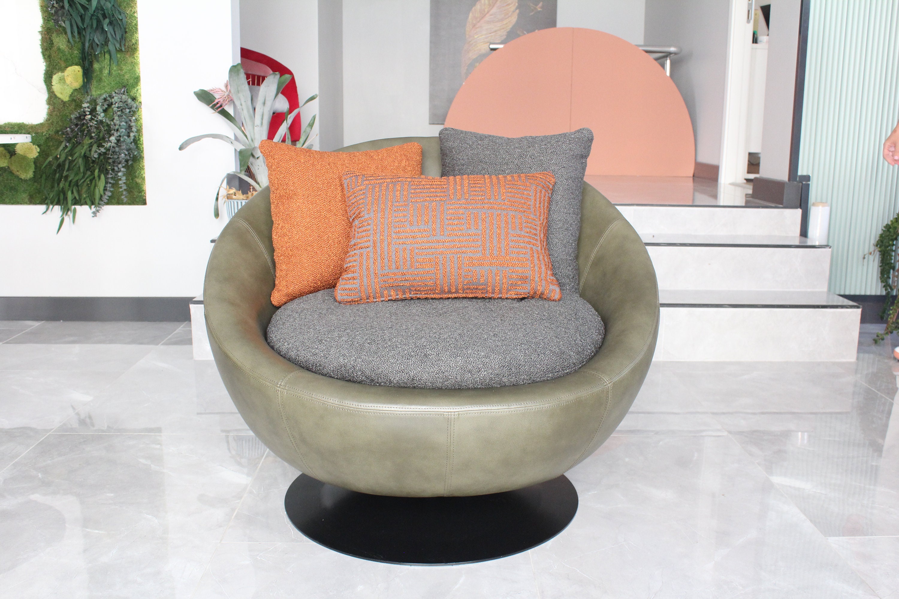 Oval Shaped Lounge Chair, Covered With Faux Leather and Fabric ...