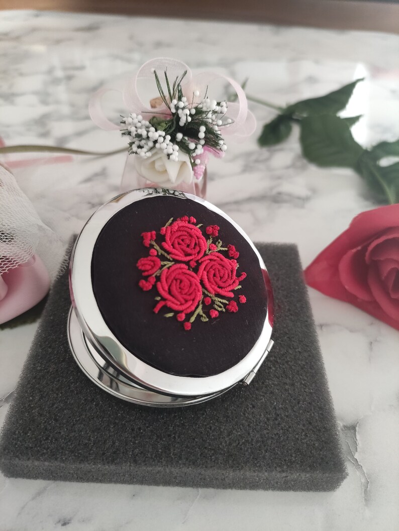 Hand Embroidered Mirror, Pocket Mirror, Double Sided Makeup Compact ...