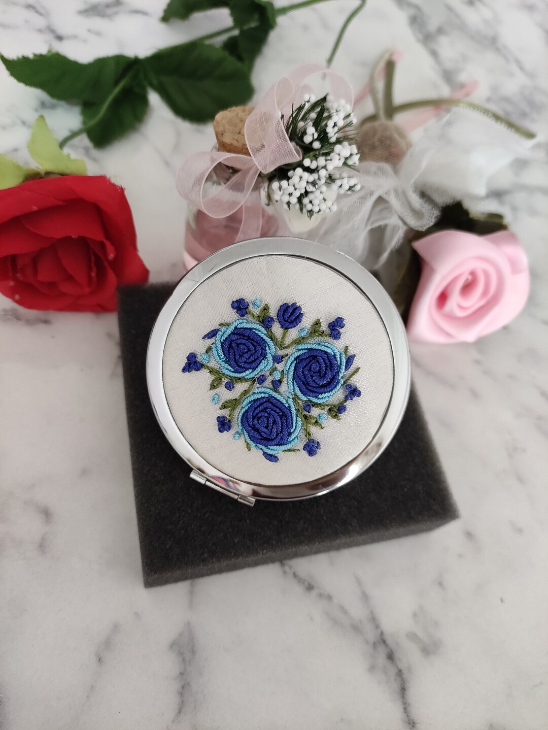 Hand Embroidered Mirror, Pocket Mirror, Double Sided Makeup Compact ...