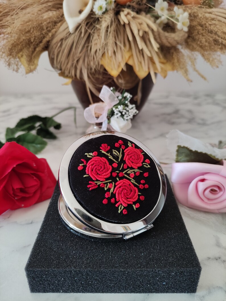 Hand Embroidered Mirror, Pocket Mirror, Double Sided Makeup Compact ...