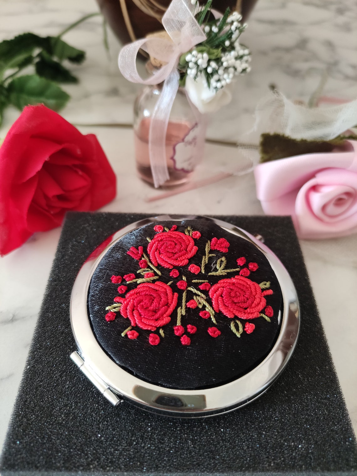 Hand Embroidered Mirror, Pocket Mirror, Double Sided Makeup Compact ...