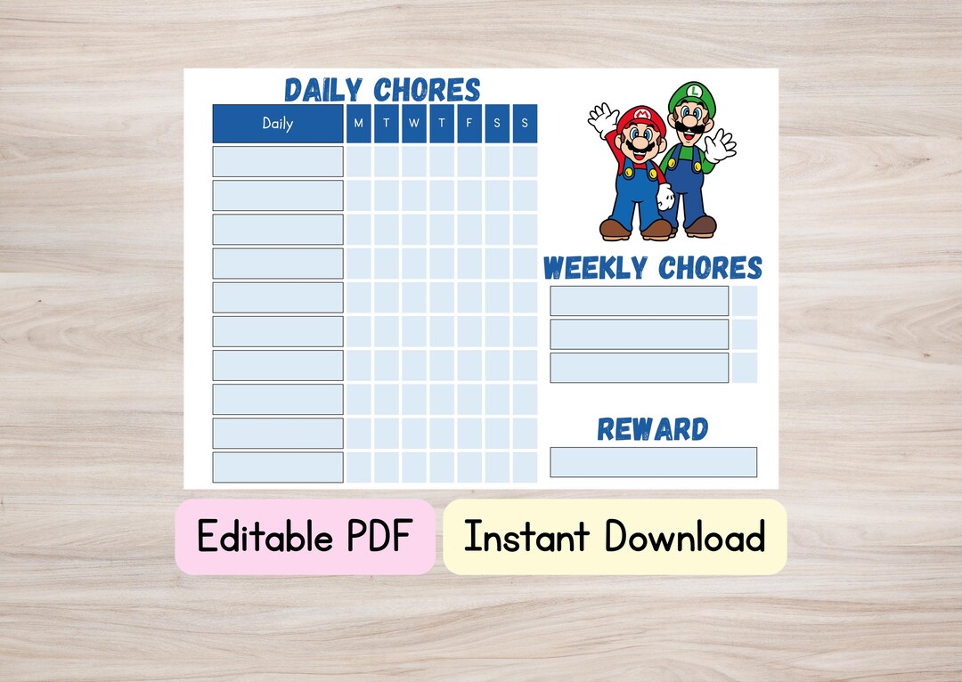 Editable Chore Chart, Mario Chart, Kids Responsibility Chart, Daily ...