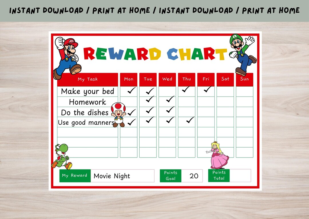 Mario Reward Chart, Chore Chart, Behaviour Chart, Digital Download ...