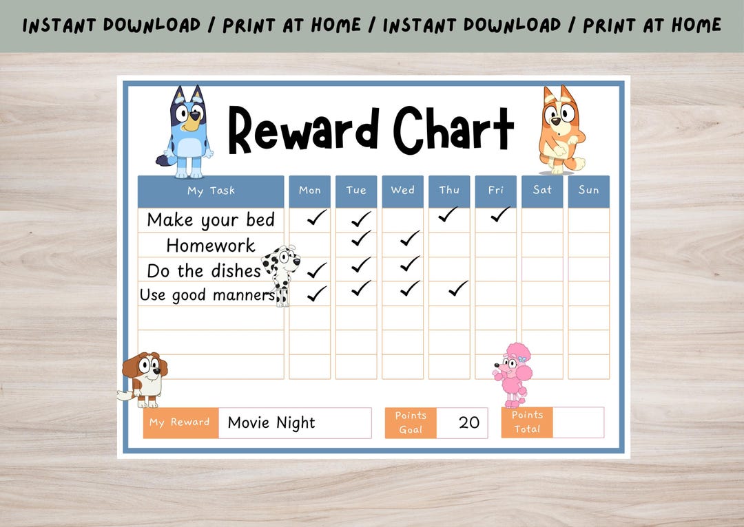 Bluey Reward Chart, Chore Chart, Behaviour Chart, Digital Download ...