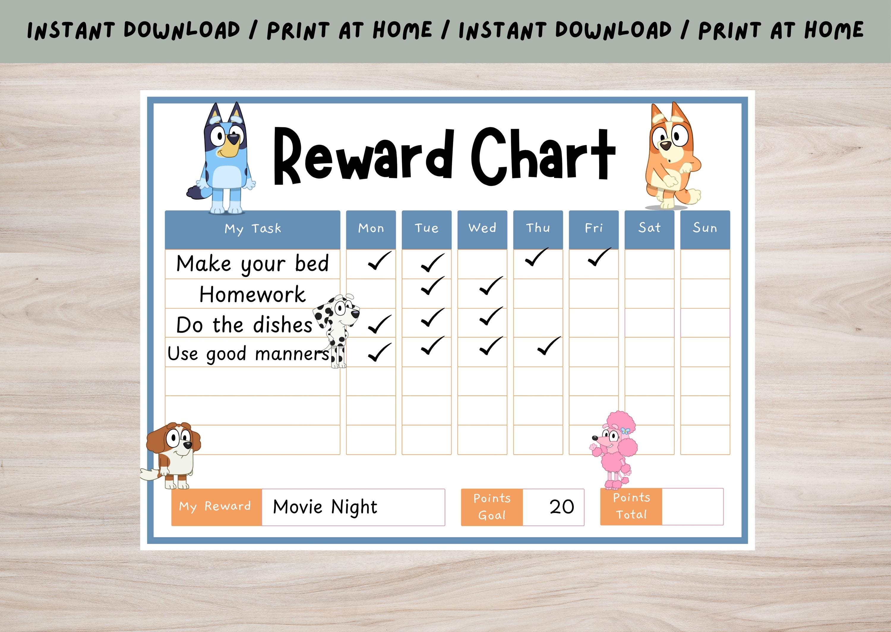Bluey Reward Chart, Chore Chart, Behaviour Chart, Digital Download ...