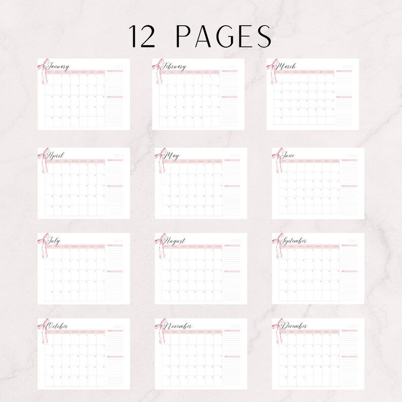 Charming Pink Bow 2024 Digital Calendar | Instant Download, Printable ...