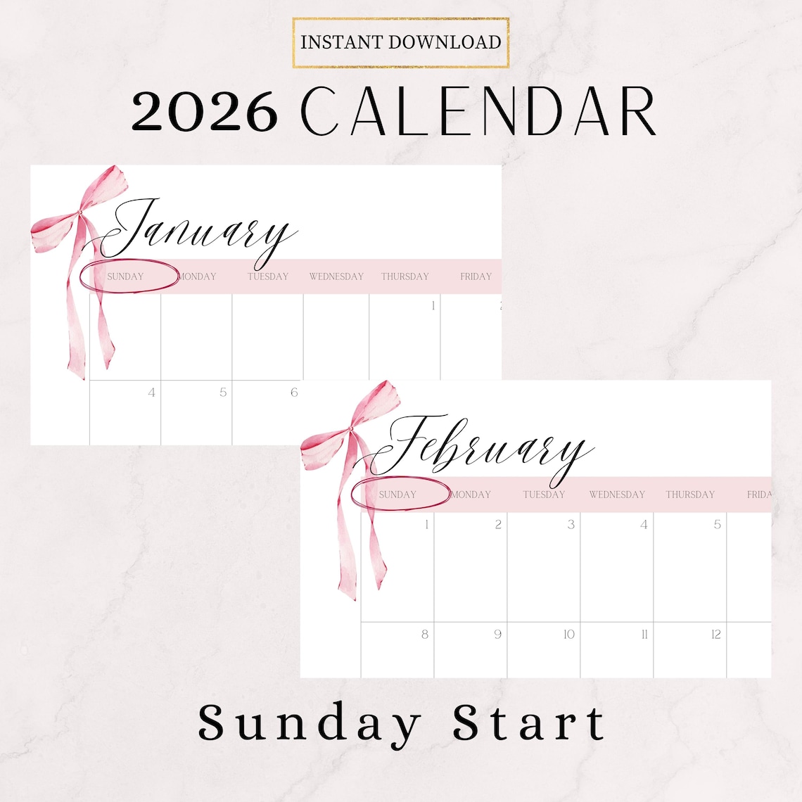 Pink Bow 2026 Calendar: Printable Monthly Planner (digital Download) - Etsy