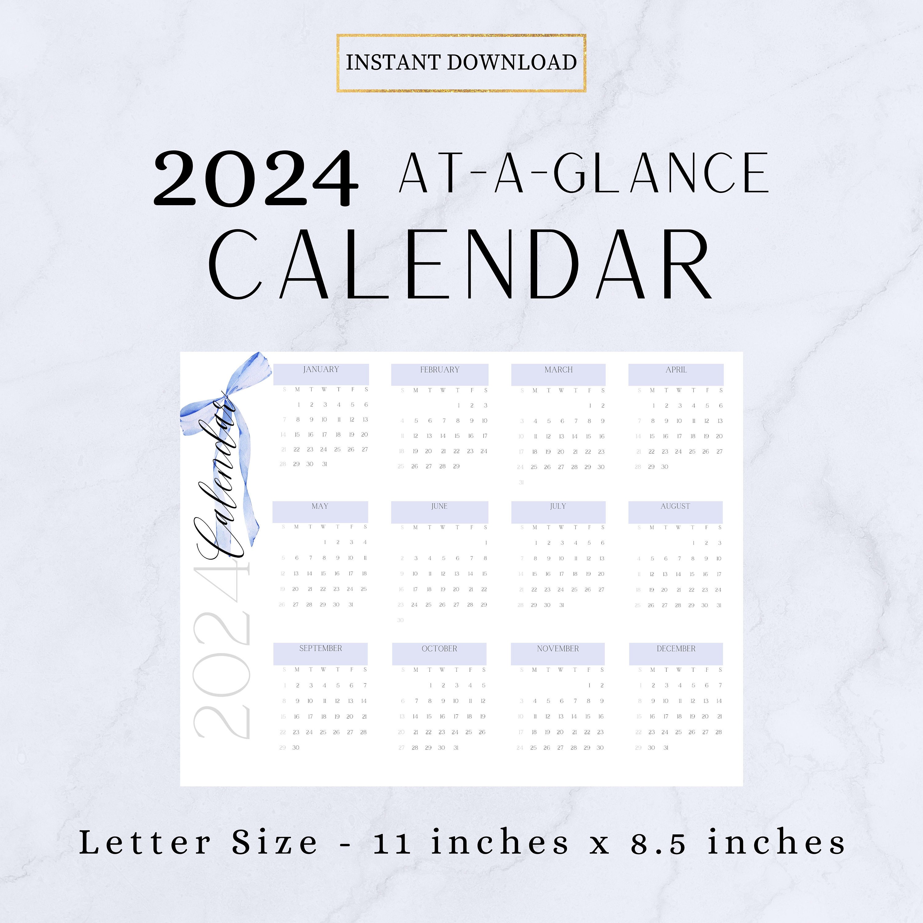 Darling Blue Bow 2024 Digital Calendar | Instant Download, Printable ...
