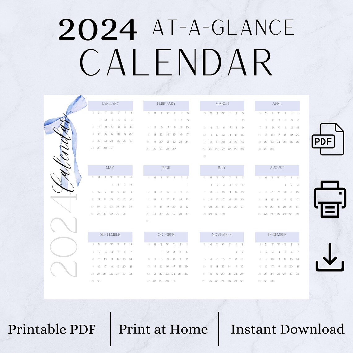 Darling Blue Bow 2024 Digital Calendar | Instant Download, Printable ...