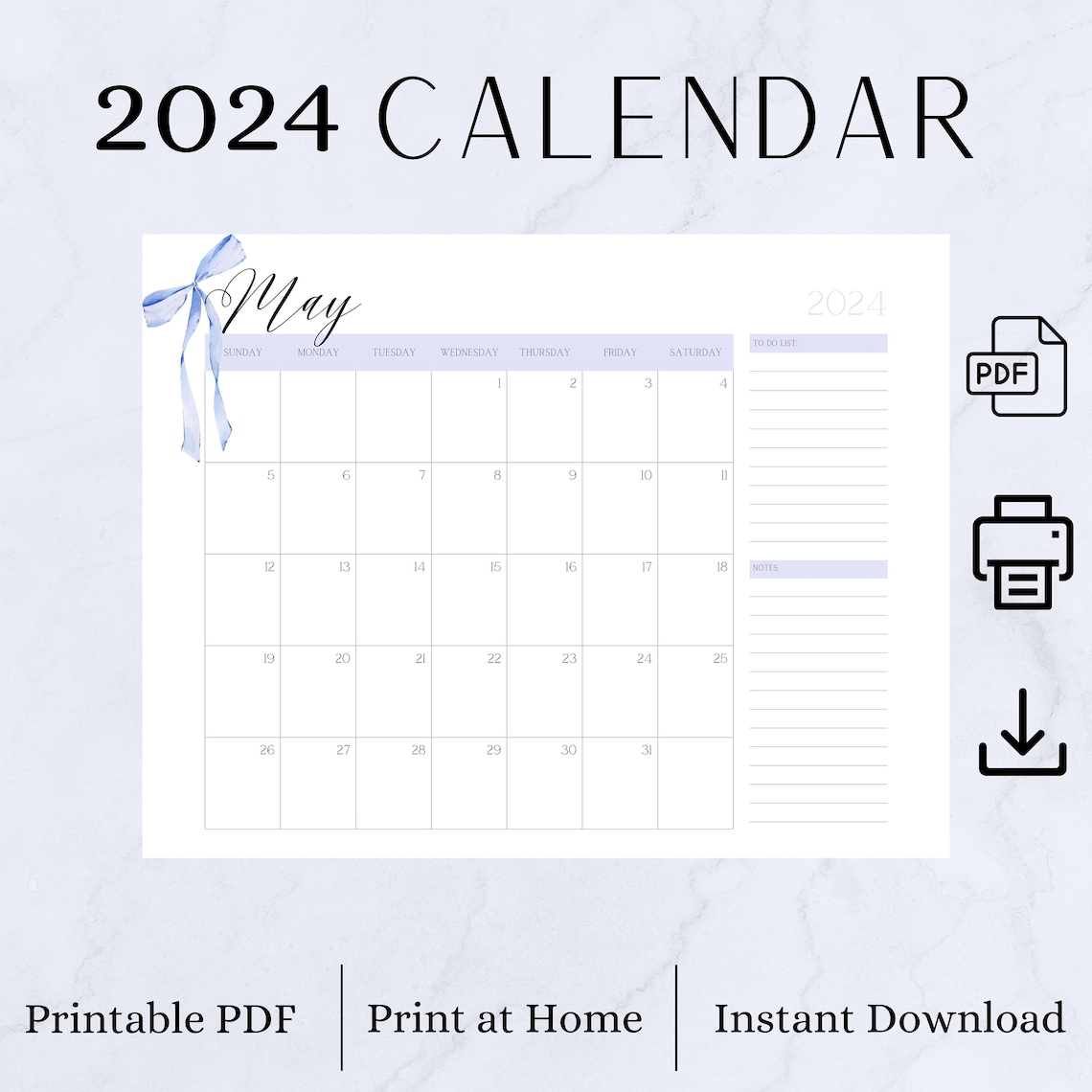 Charming Blue Bow 2024 Digital Calendar | Instant Download, Printable ...