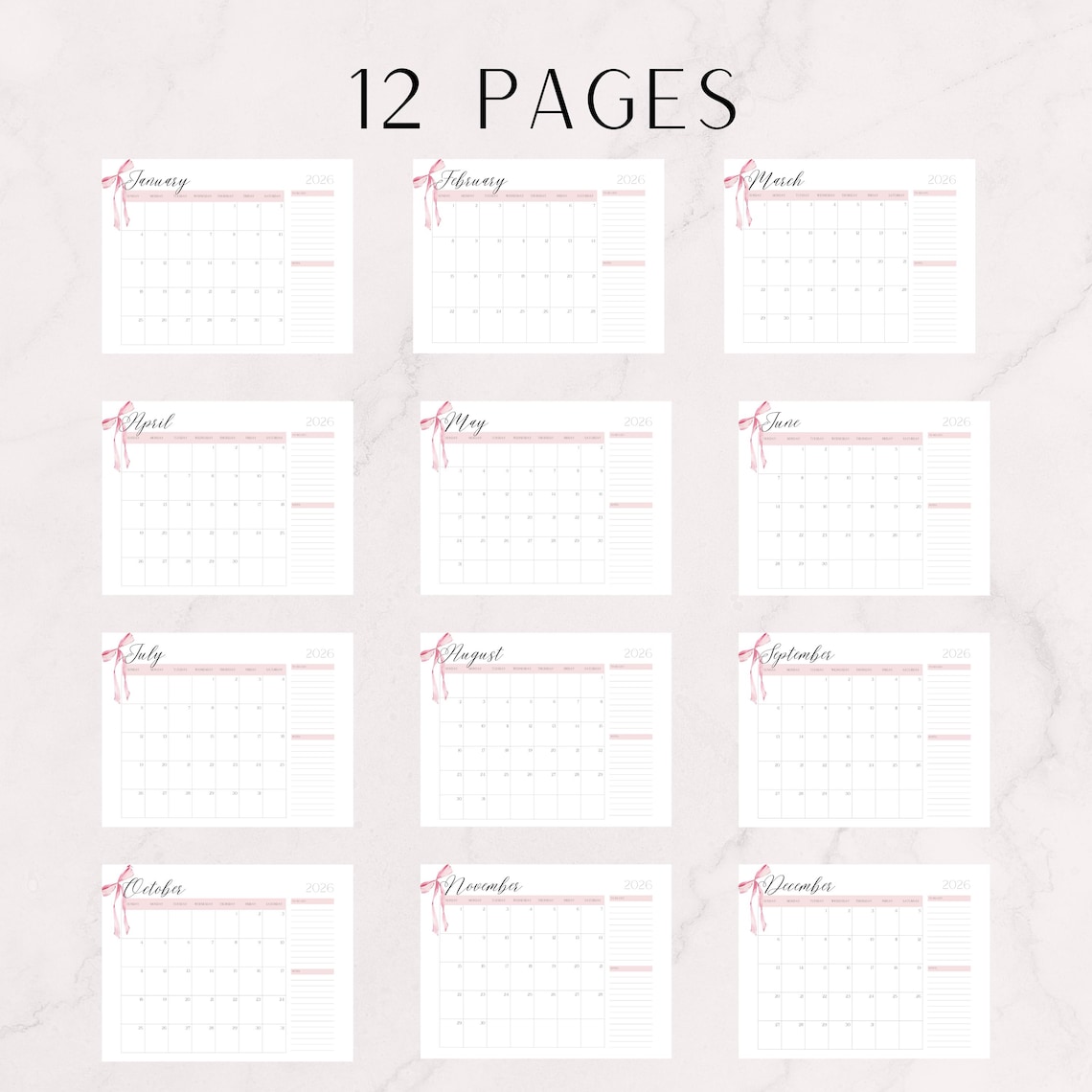 Pink Bow 2026 Calendar: Printable Monthly Planner (digital Download) - Etsy