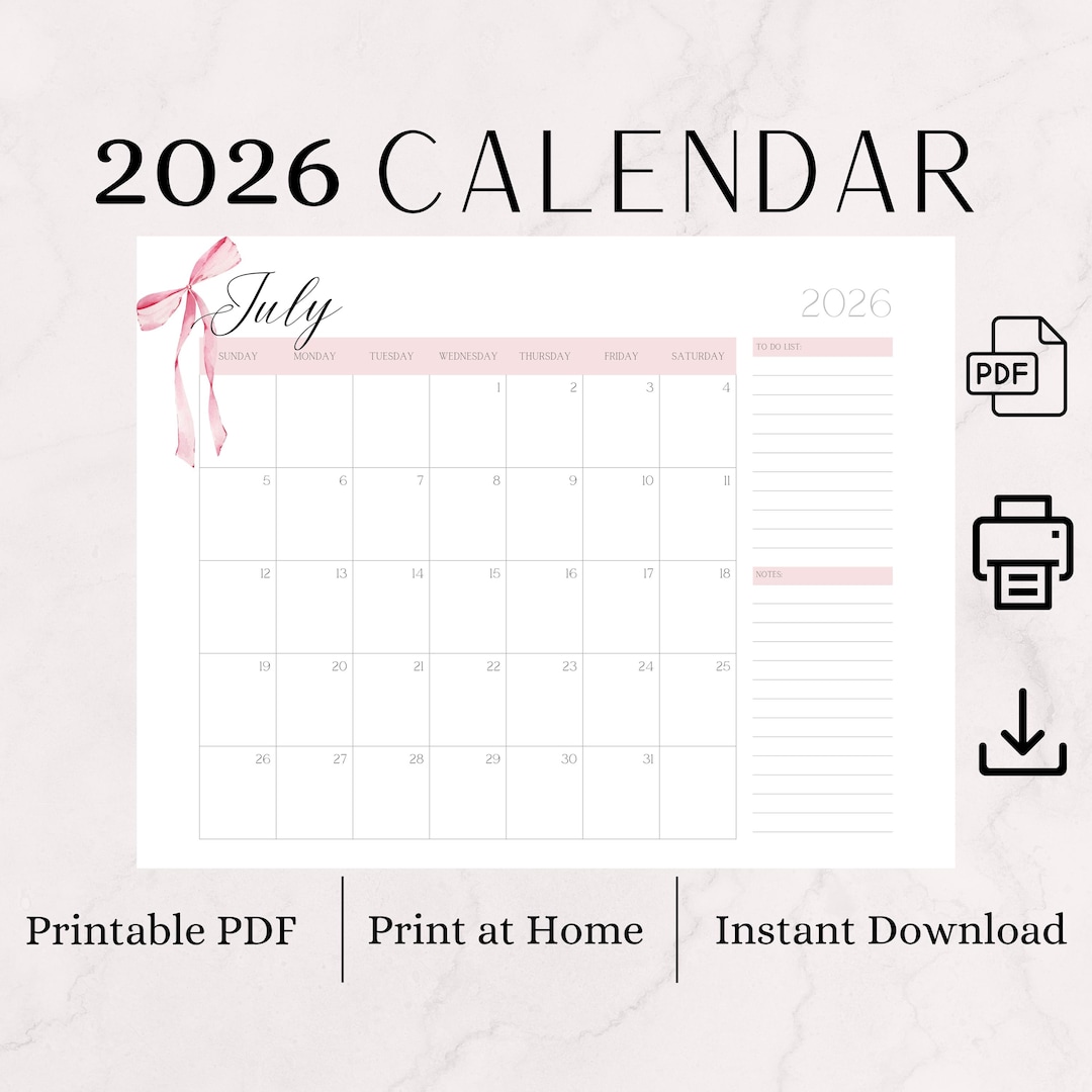 Pink Bow 2026 Calendar: Printable Monthly Planner (digital Download) - Etsy