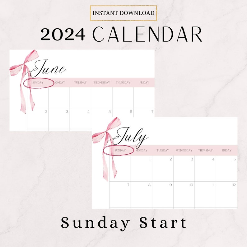 Charming Pink Bow 2024 Digital Calendar | Instant Download, Printable ...
