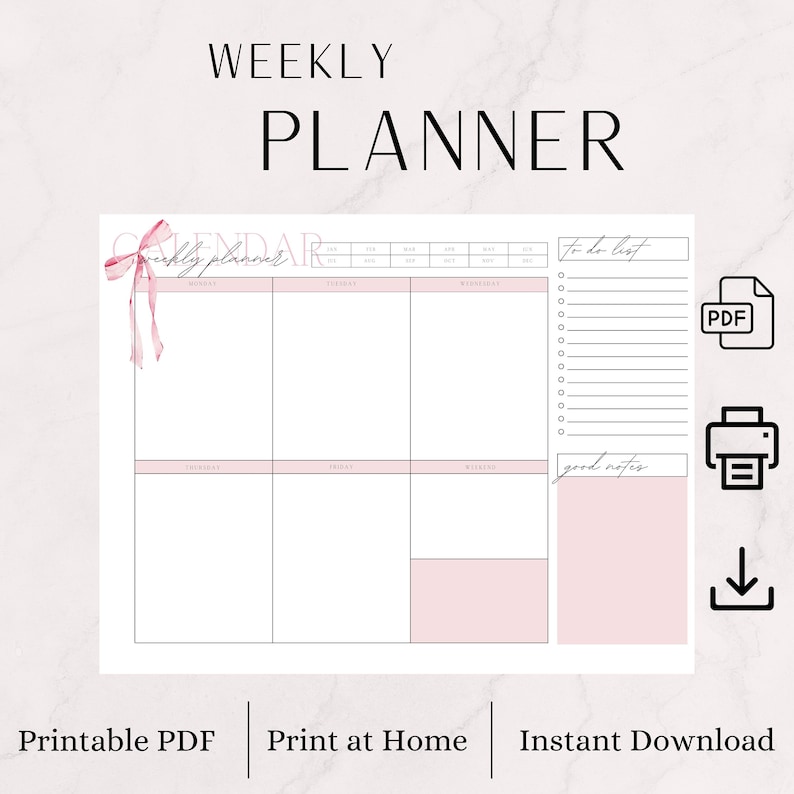 Charming Pink Bow Weekly Planner | Digital Download - Etsy