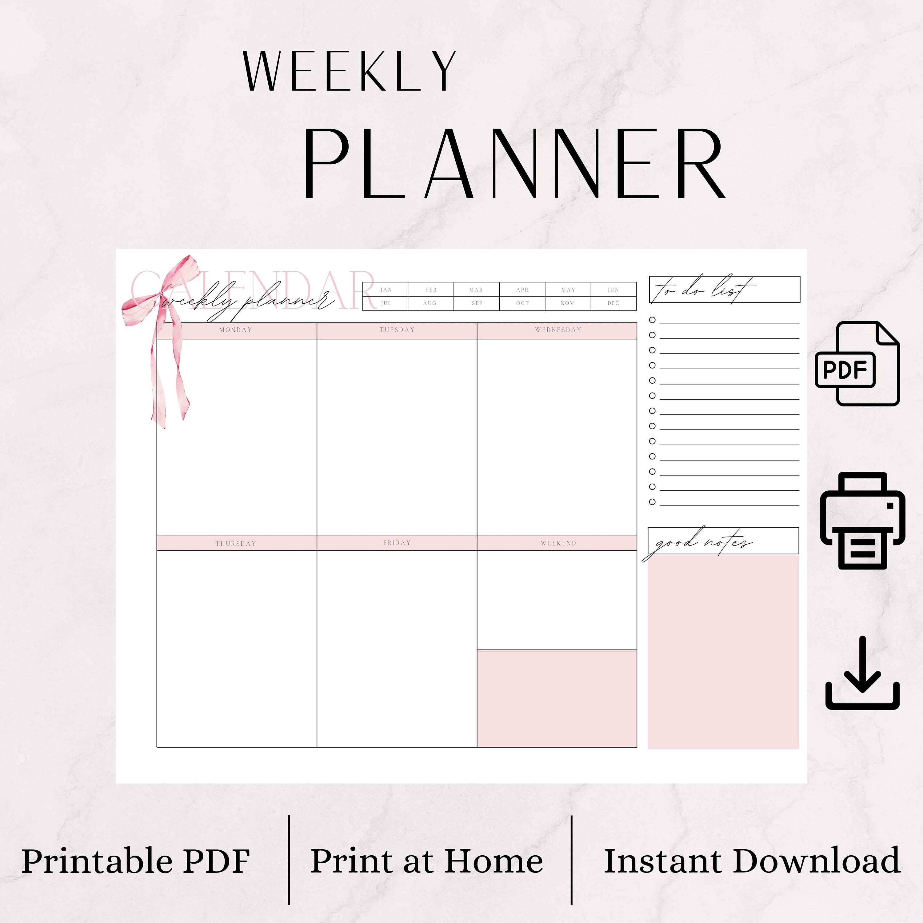 Charming Pink Bow Weekly Planner | Digital Download - Etsy
