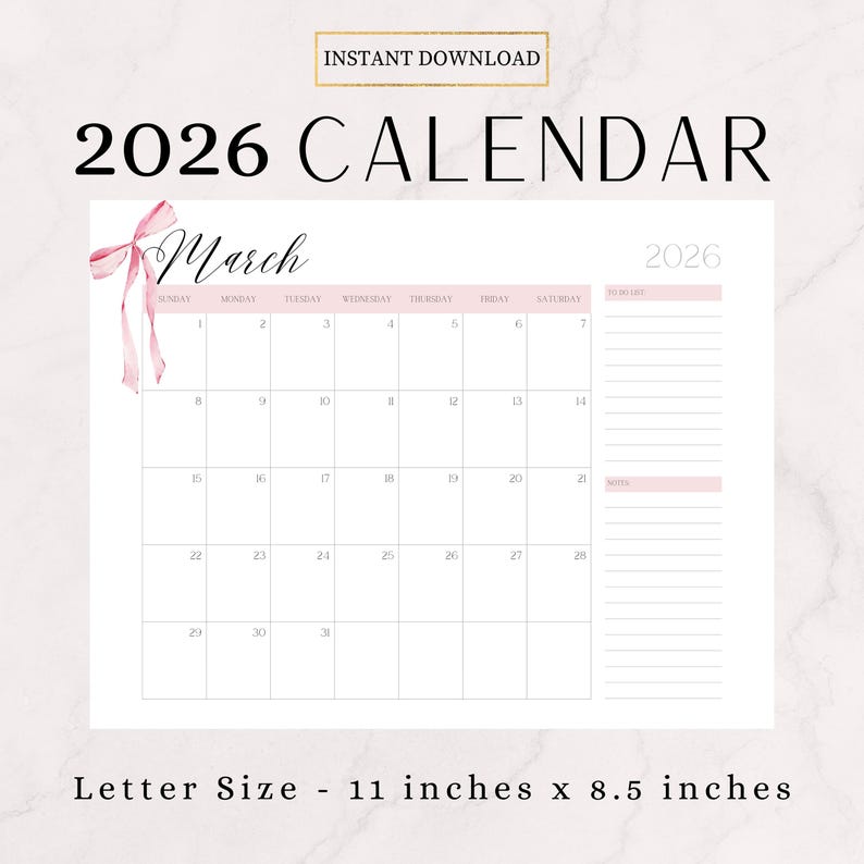 Pink Bow 2026 Calendar: Printable Monthly Planner (digital Download) - Etsy
