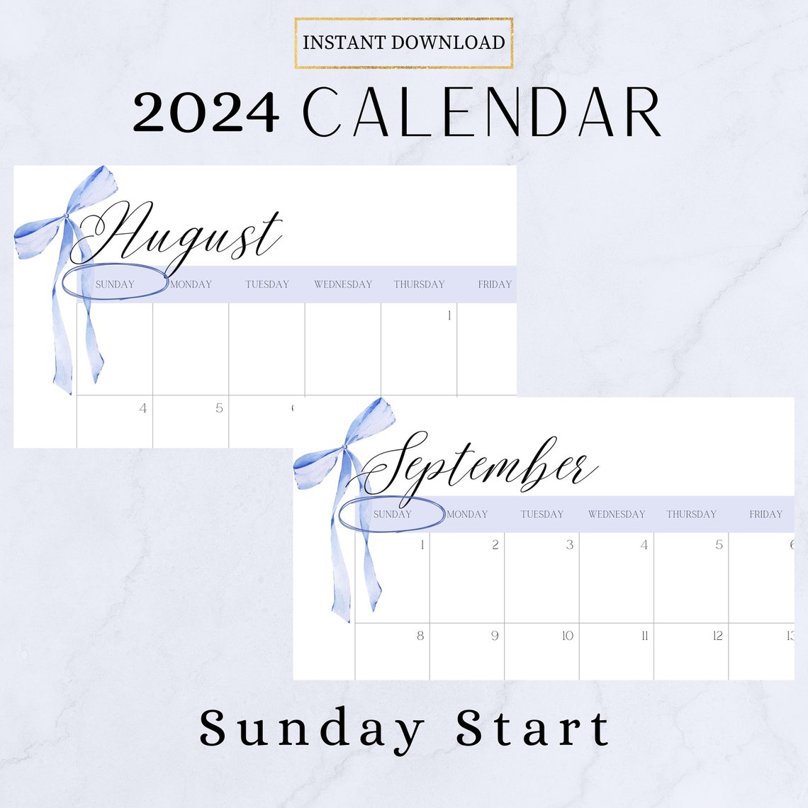 Charming Blue Bow 2024 Digital Calendar | Instant Download, Printable ...