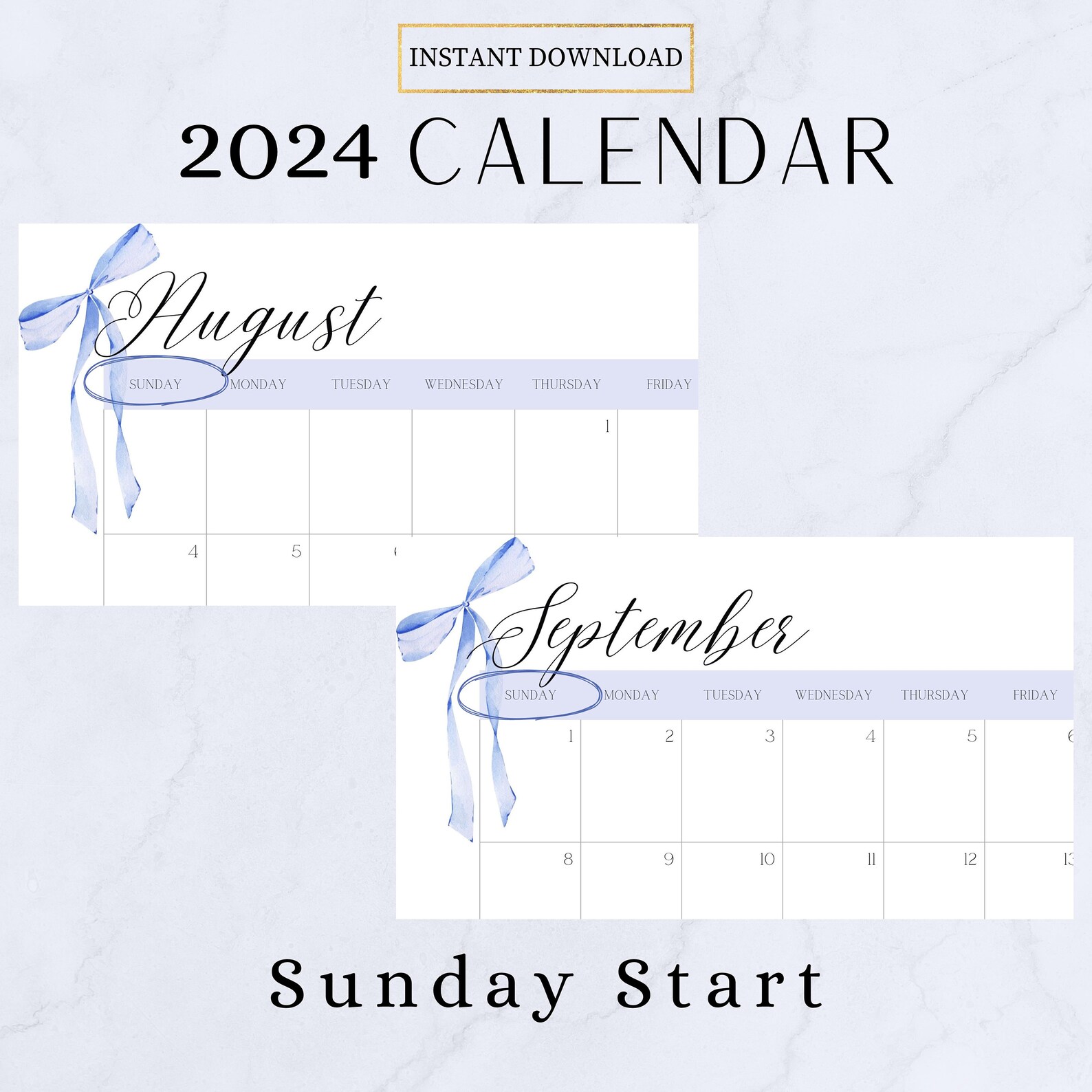 Charming Blue Bow 2024 Digital Calendar Instant Download, Printable ...