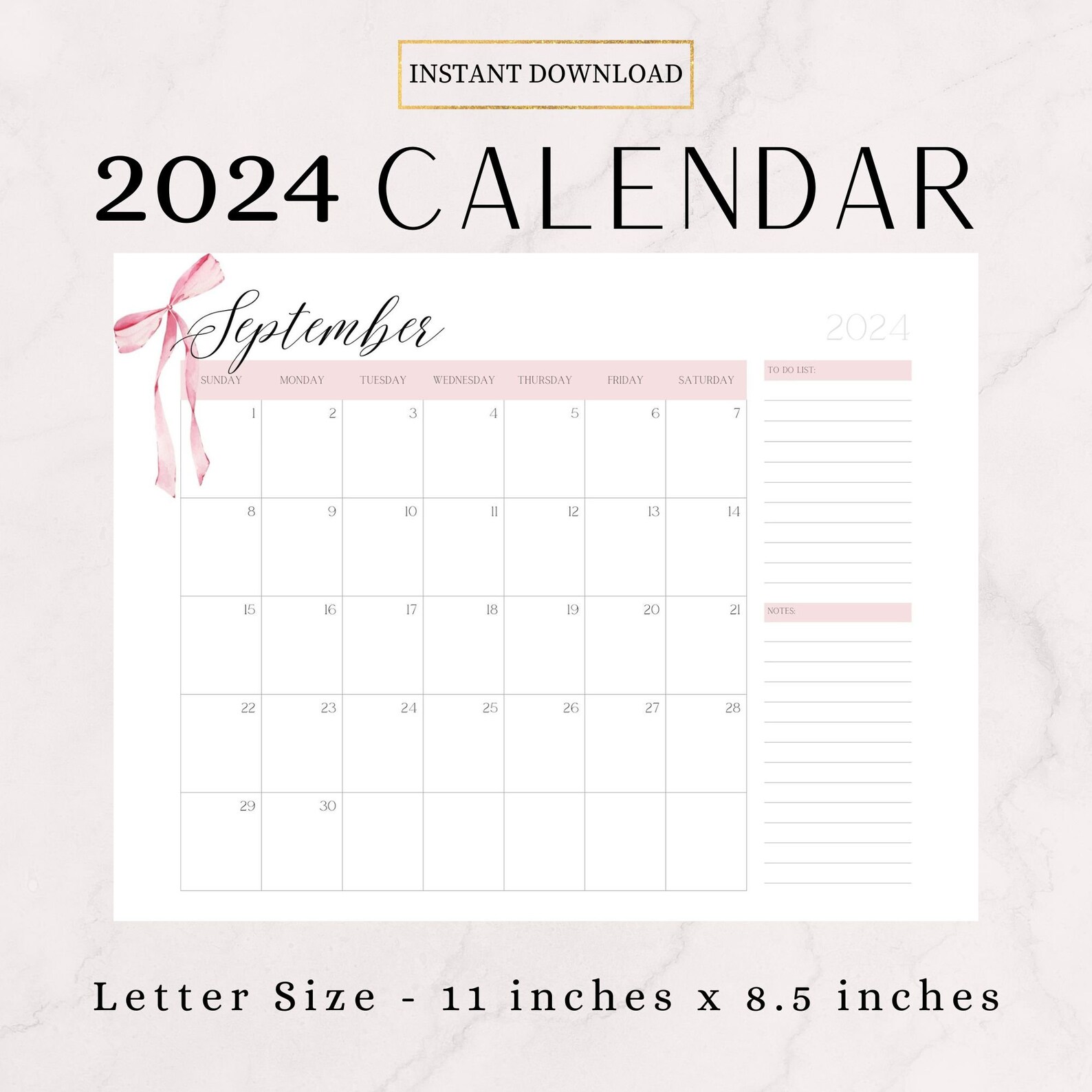 Charming Pink Bow 2024 Digital Calendar | Instant Download, Printable ...