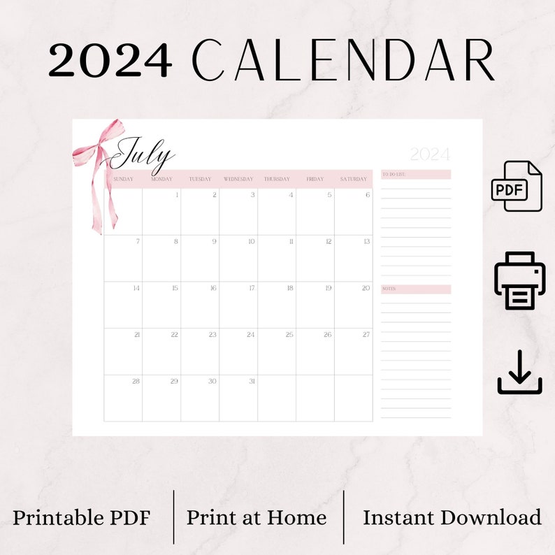Charming Pink Bow 2024 Digital Calendar | Instant Download, Printable ...