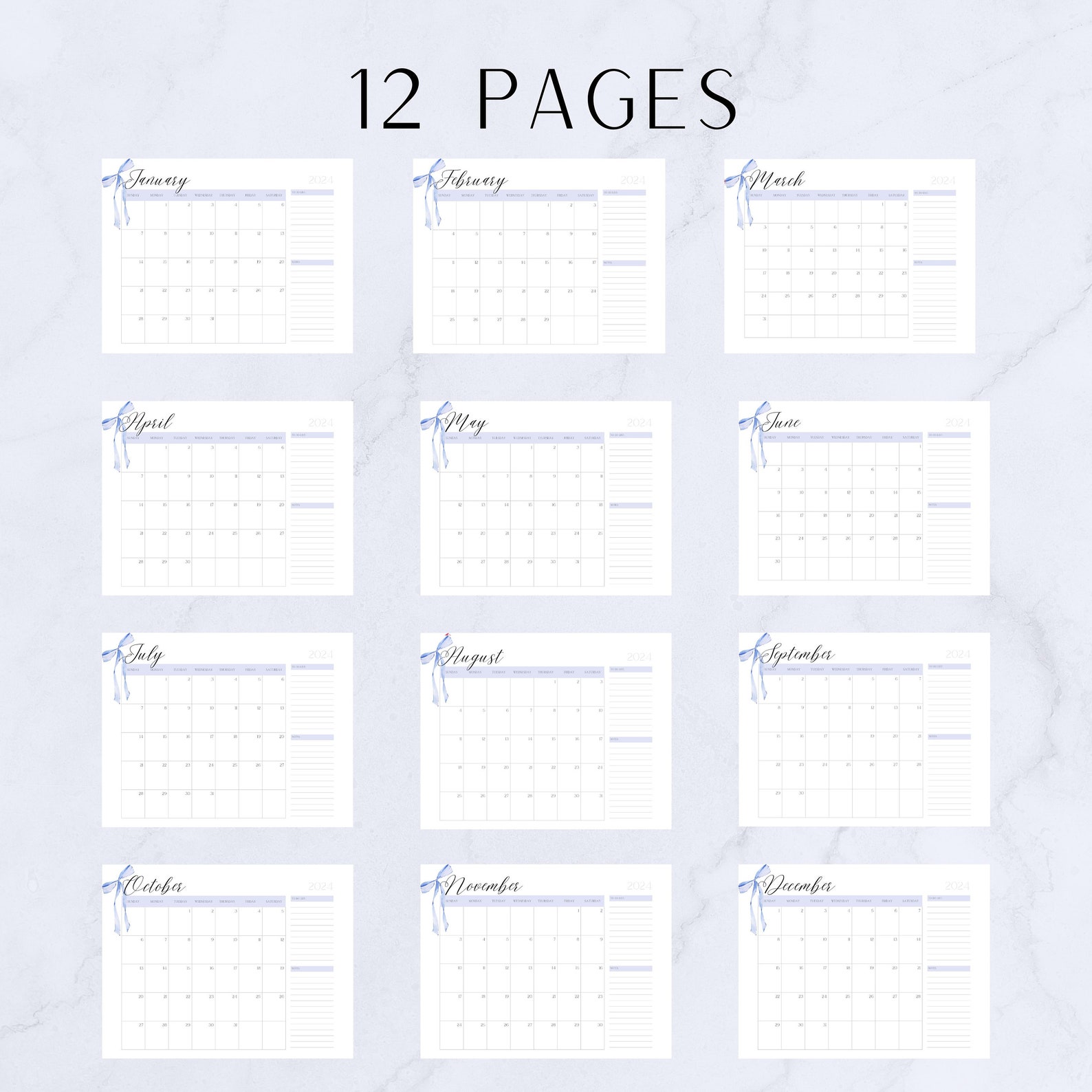 Charming Blue Bow 2024 Digital Calendar Instant Download, Printable ...