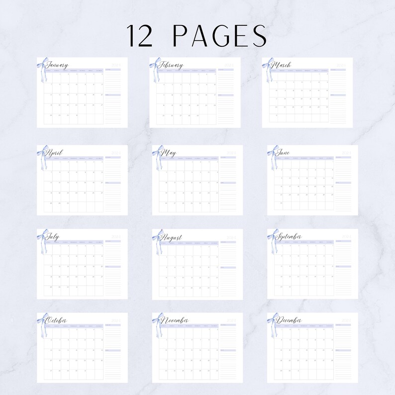 Charming Blue Bow 2024 Digital Calendar | Instant Download, Printable ...