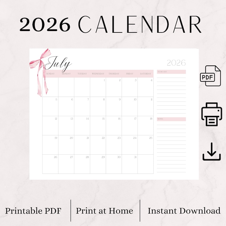 Pink Bow 2026 Calendar: Printable Monthly Planner (digital Download) - Etsy
