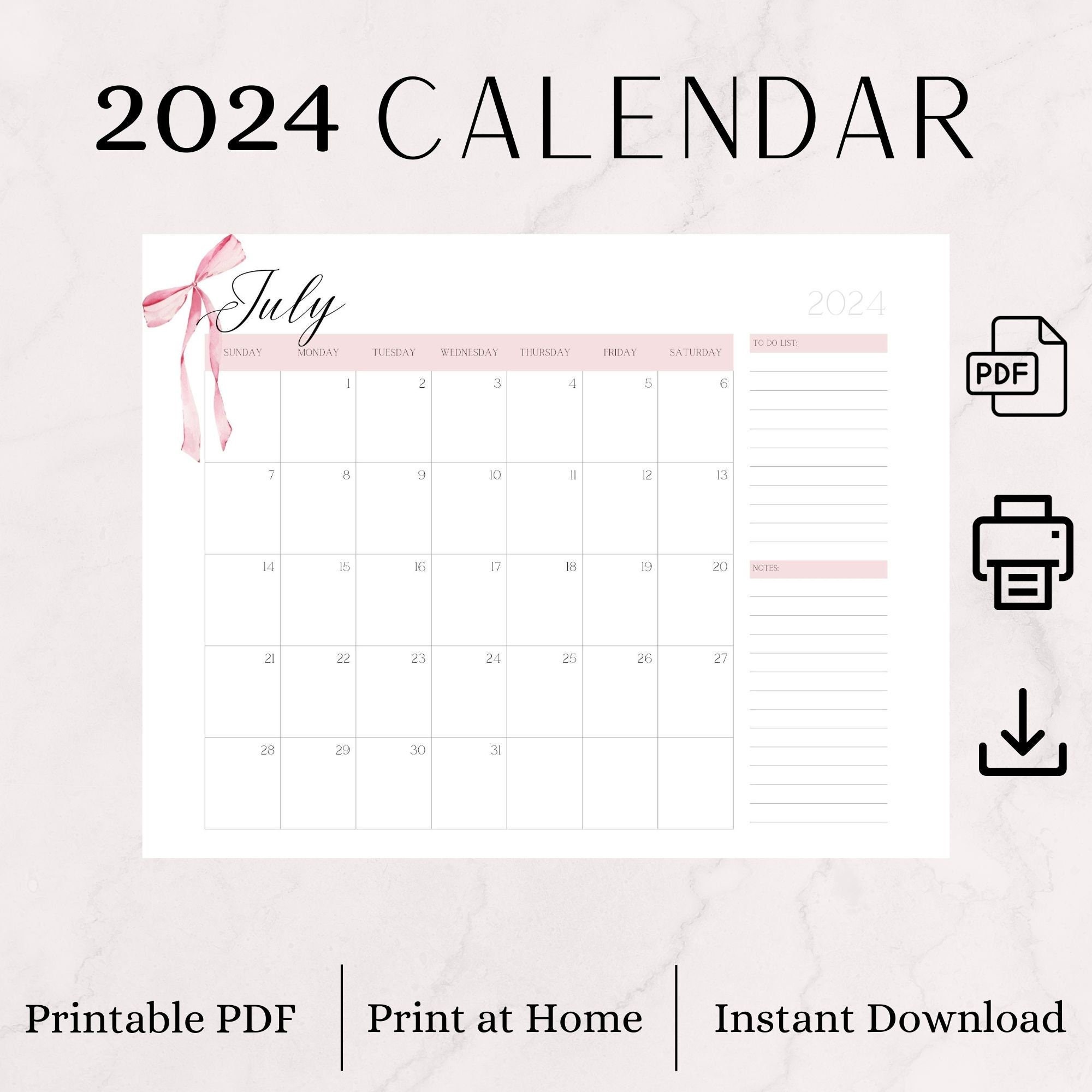 Charming Pink Bow 2024 Digital Calendar | Instant Download, Printable ...