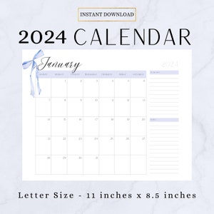 Charming Blue Bow 2024 Digital Calendar | Instant Download, Printable ...